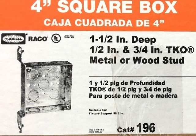 38175 New-No Box Raco 196 Square Box 4" Long 4" Wide 1-1/2" Deep for ...