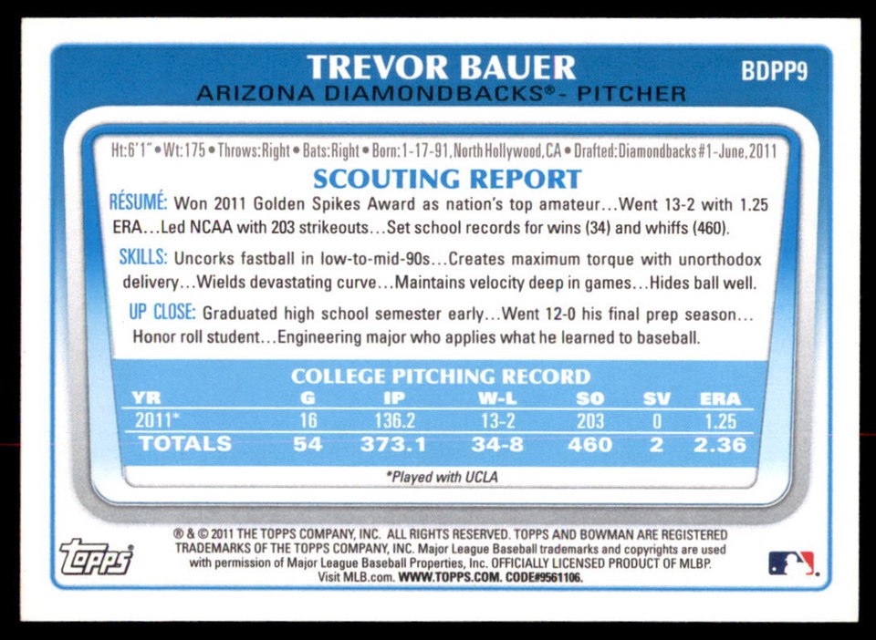 2011 Bowman Draft Prospects Trevor Bauer Arizona Diamondbacks #BDPP9 | eBay