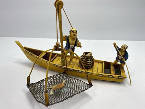 Rare Vintage Japanese Celluloid Fishermen in Boat Netted Fish Basket ...