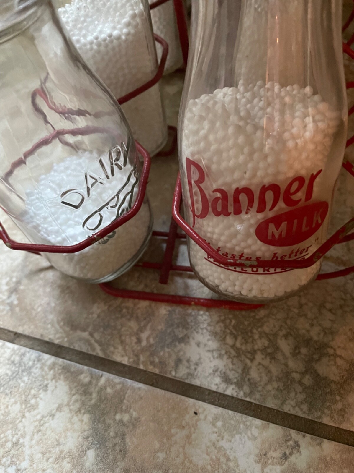 Antique 8 Dairy Farm Milk Glass Bottles with Red Dairy Steel Carrier ...