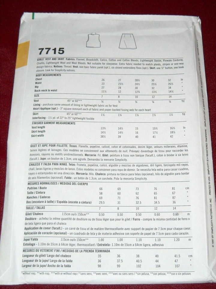 UNCIRCULATED SIMPLICITY #7715 - GIRLS WRAP SKIRT - WAIST VEST PATTERN 7 ...
