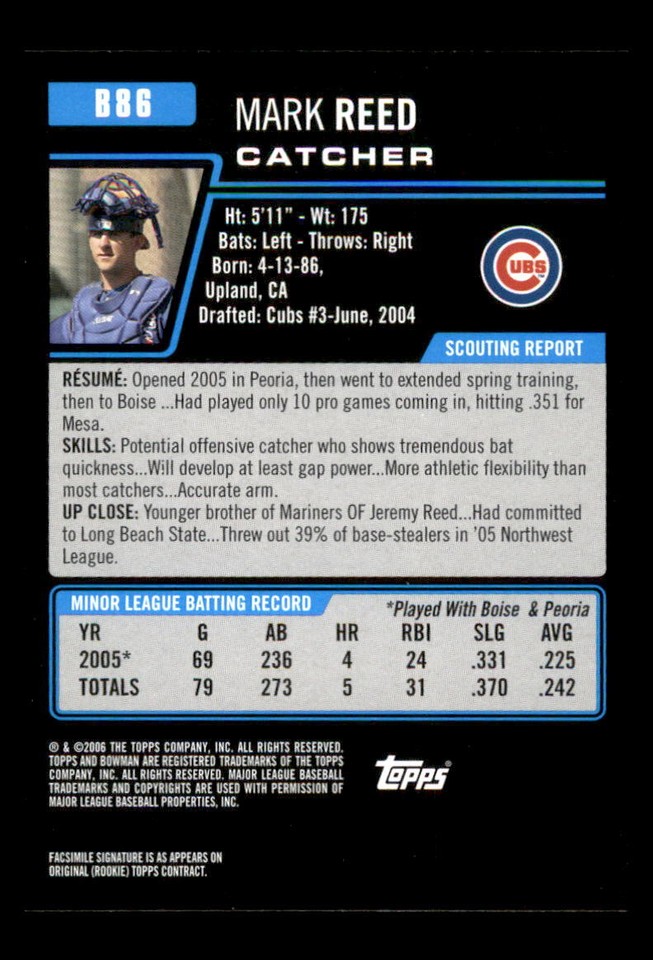 2006 Baseball Bowman Mark Reed Chicago Cubs #B86 Prospect | eBay