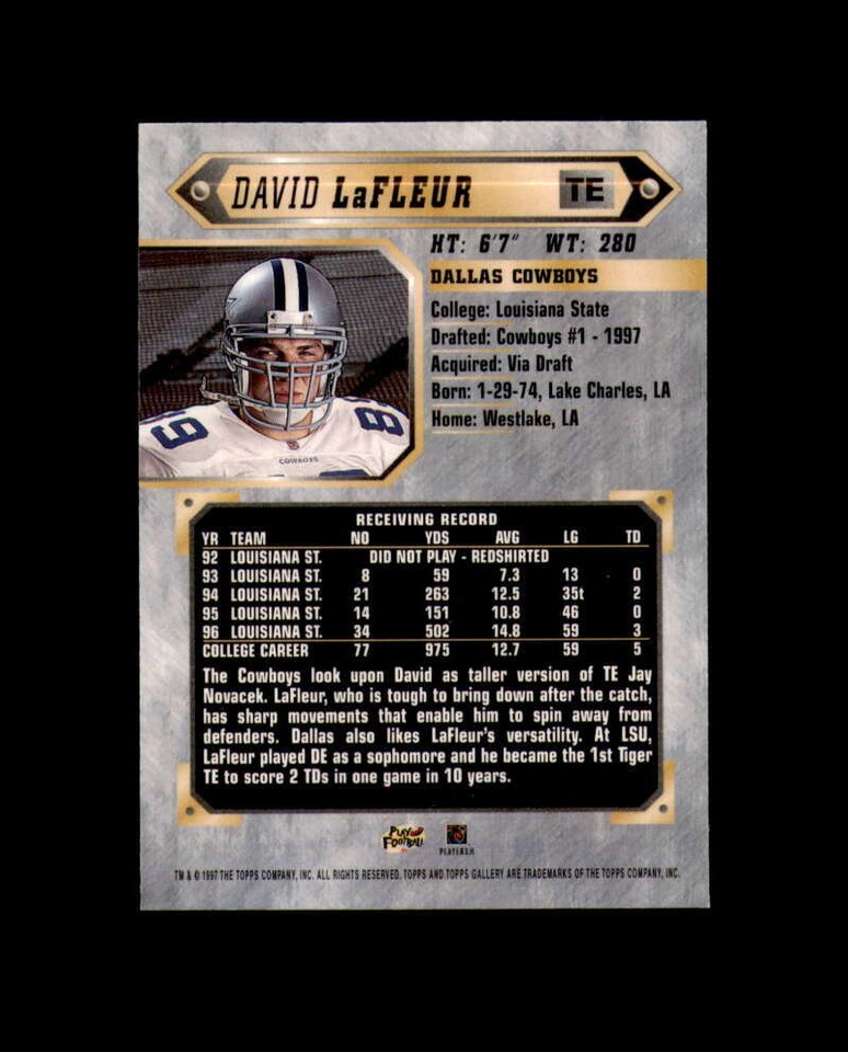 David LaFleur Hand Signed 1997 Topps Gallery Dallas Cowboys Autograph ...