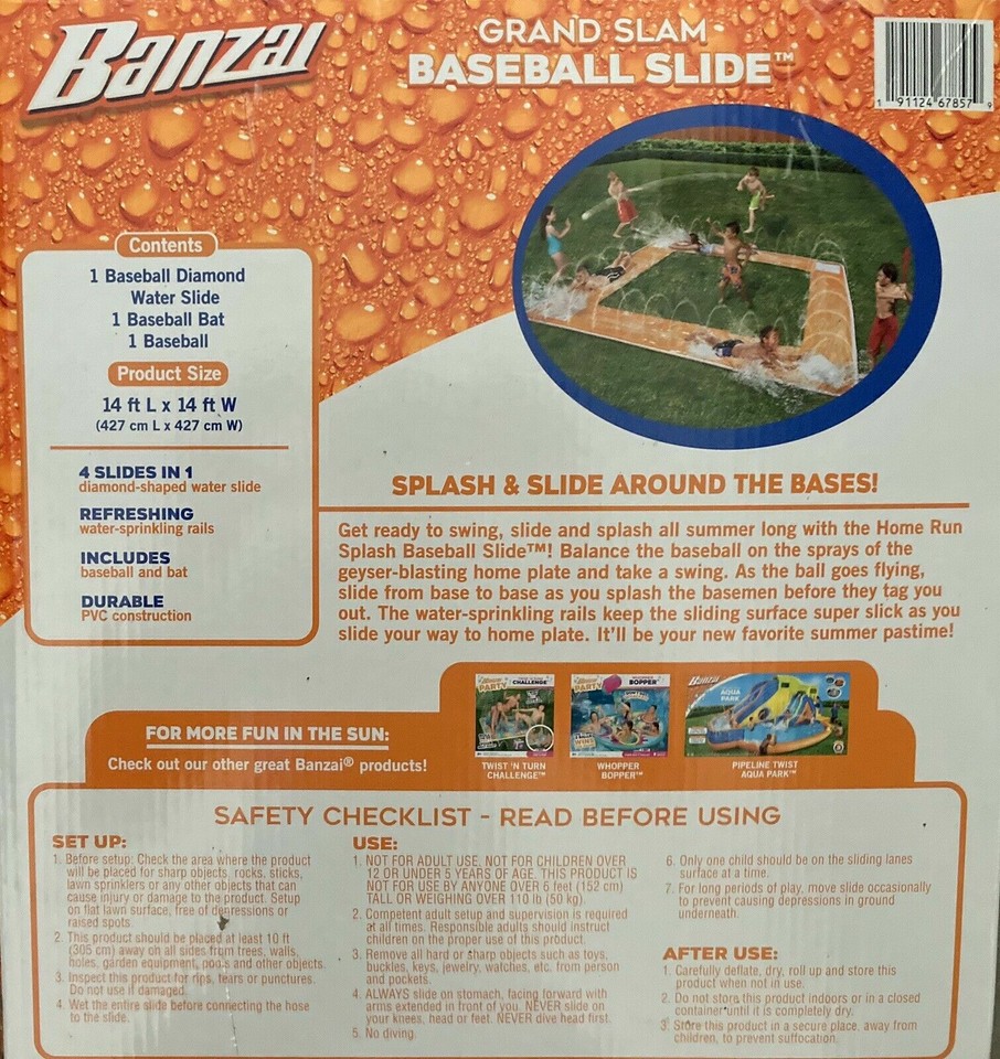 Banzai Baseball Home Run Splash Diamond Water Slip Slide Grand Slam w ...