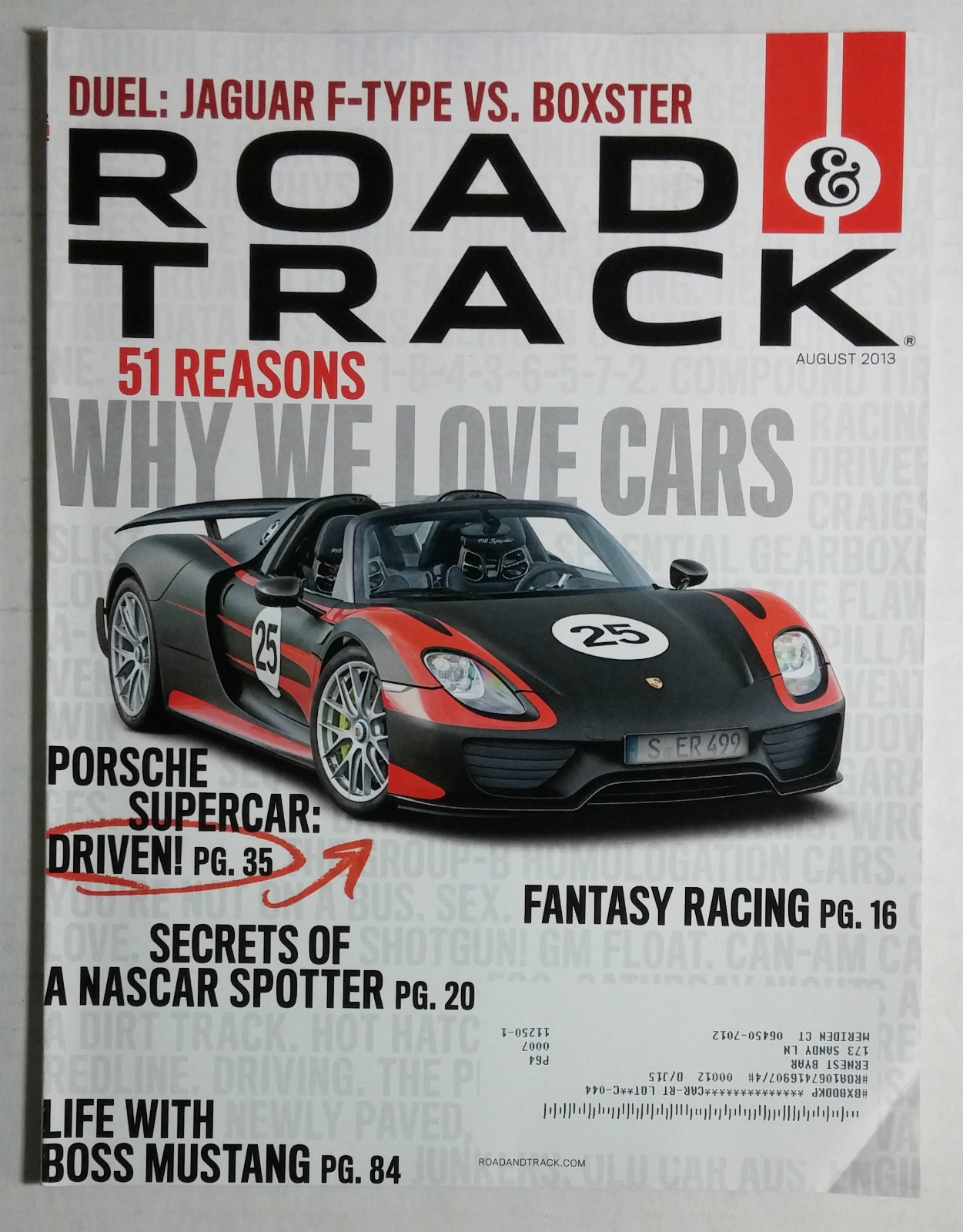 ROAD & TRACK CAR MAGAZINE 2013 AUGUST PORSCHE SUPERCAR 918 GT CARRERA ...