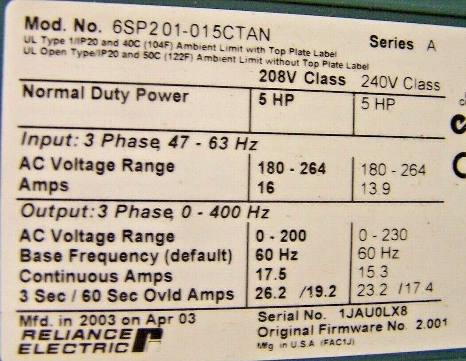 🔥 NEW RELIANCE SP600 5 HP AC DRIVE 240 VAC 3Ø 6SP201-015CTAN FRN 2.001 ...