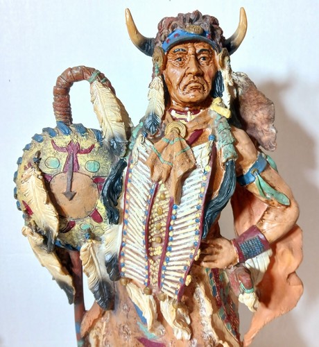 18.5" Native American INDIAN WARRIOR Chief w/Bull Buffalo Horns Resin ...