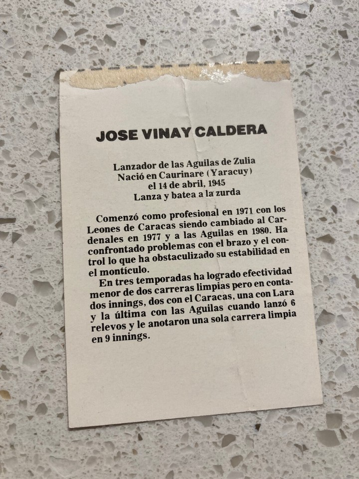 1981-82 Venezuelan Winter League Sticker Jose Vinay Caldera Zulia #262 ...
