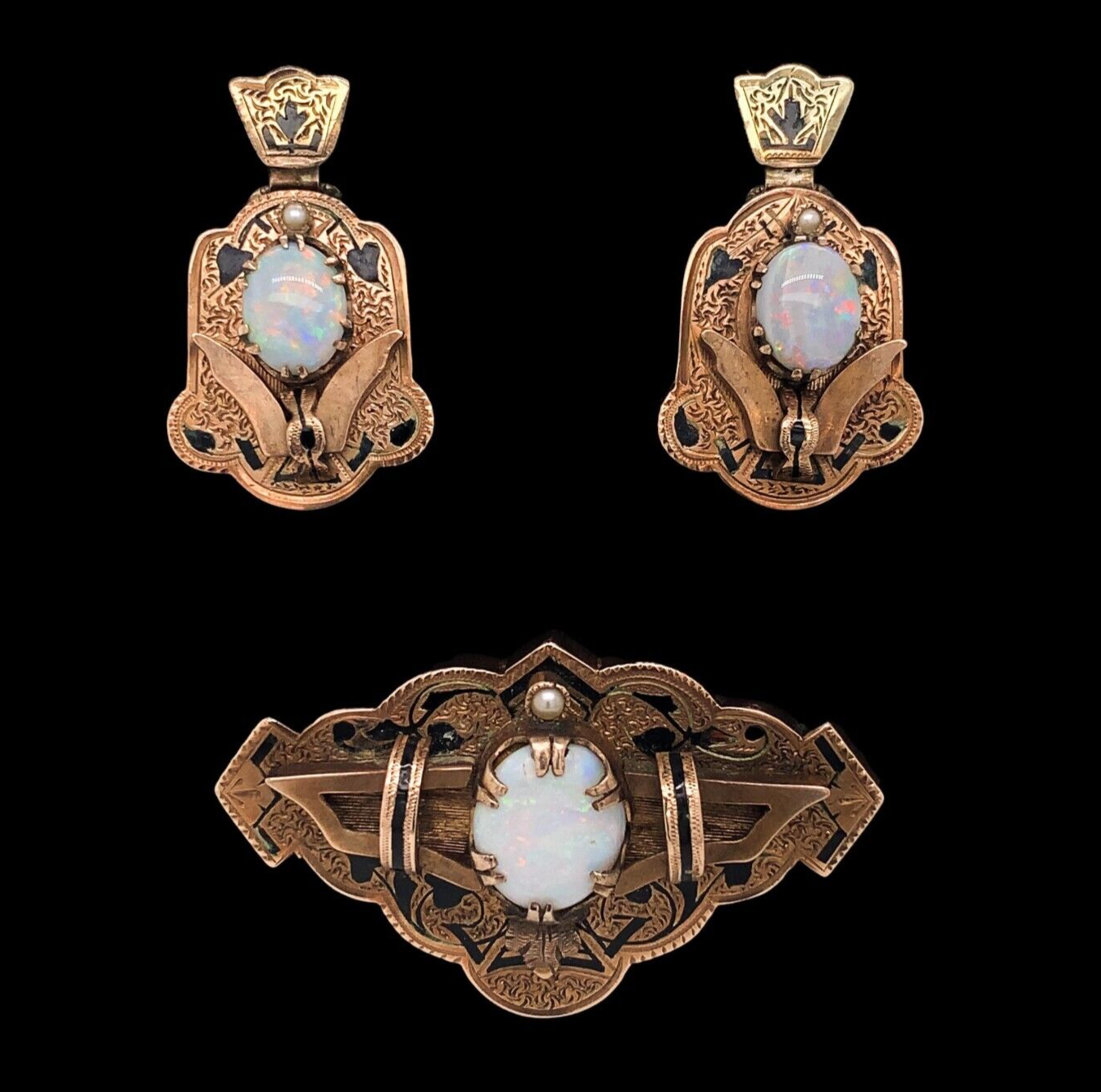 Victorian Opal Demi Parure 14k Rosey Yellow Gold Earrings and Pin (# ...