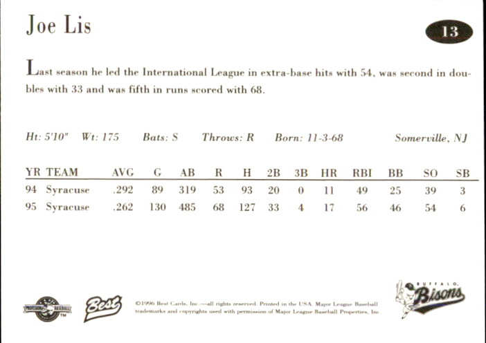 1996 Buffalo Bisons Best #13 Joe Lis Somerville New Jersey NJ Baseball ...