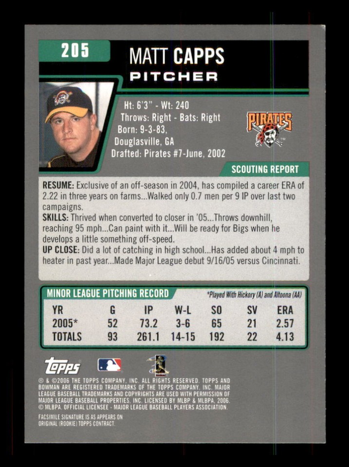 2006 Baseball Bowman Matt Capps Pittsburgh Pirates #205 Gold RC2 | eBay