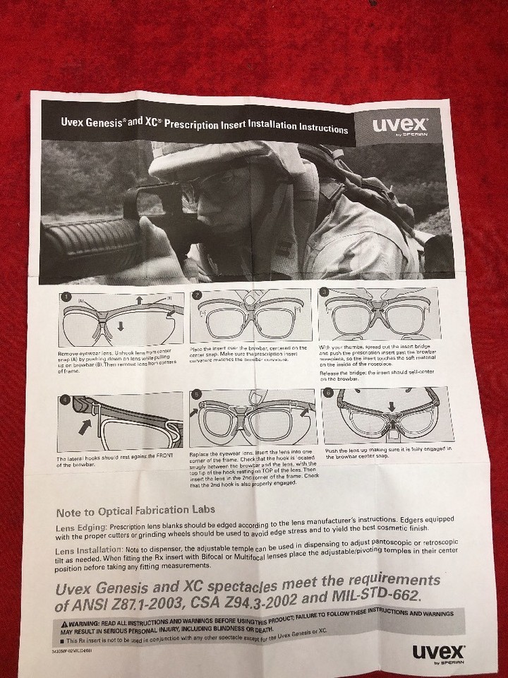UVEX GENESIS/XC Prescription Insert Rx Carrier Safety Glasses Insert ...