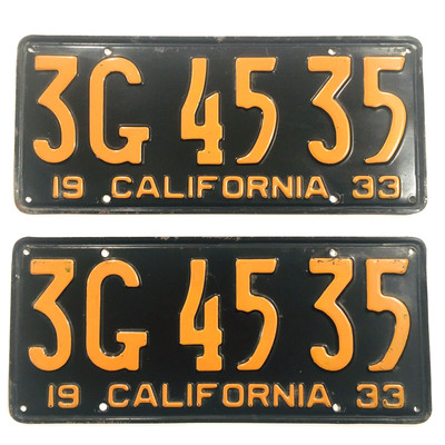 1933 CALIFORNIA Passenger Car License Plates Pair Original DMV Clear ...