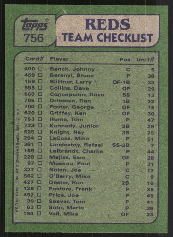 1982 Topps Reds Leaders / Checklist Ken Griffey / Tom Seaver #756 | eBay
