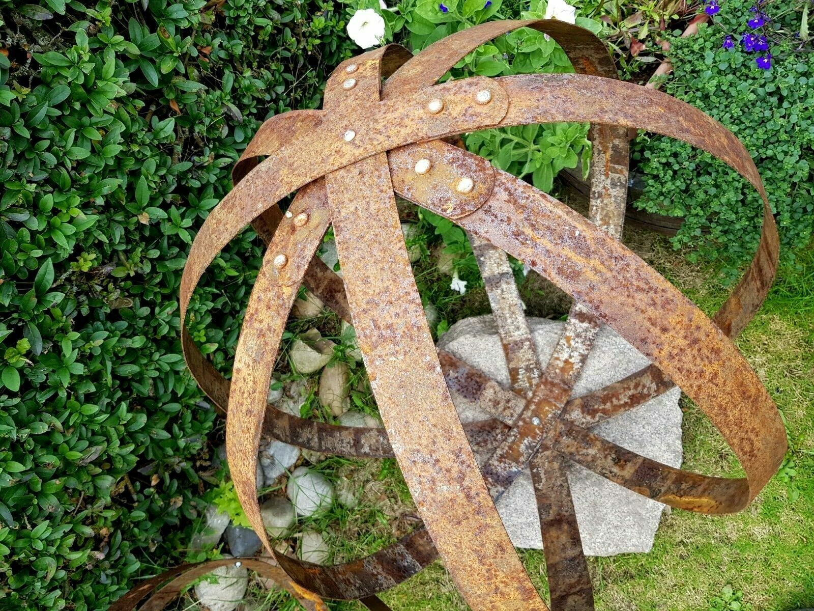Garden Metal Sphere Sculpture Reclaimed Rusty Whisky Barrel hoop ring ...