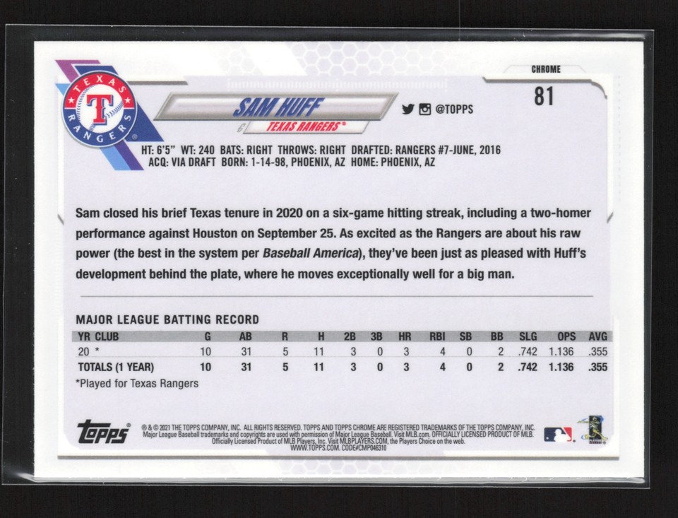 2021 Topps Chrome Sam Huff RC #81 Texas Rangers | eBay