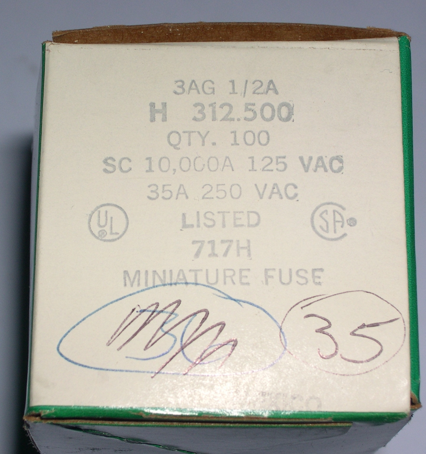 LITTELFUSE, PART NUMBER 312.500, 0.5A MINIATURE GLASS FUSES, LOT OF 35 ...