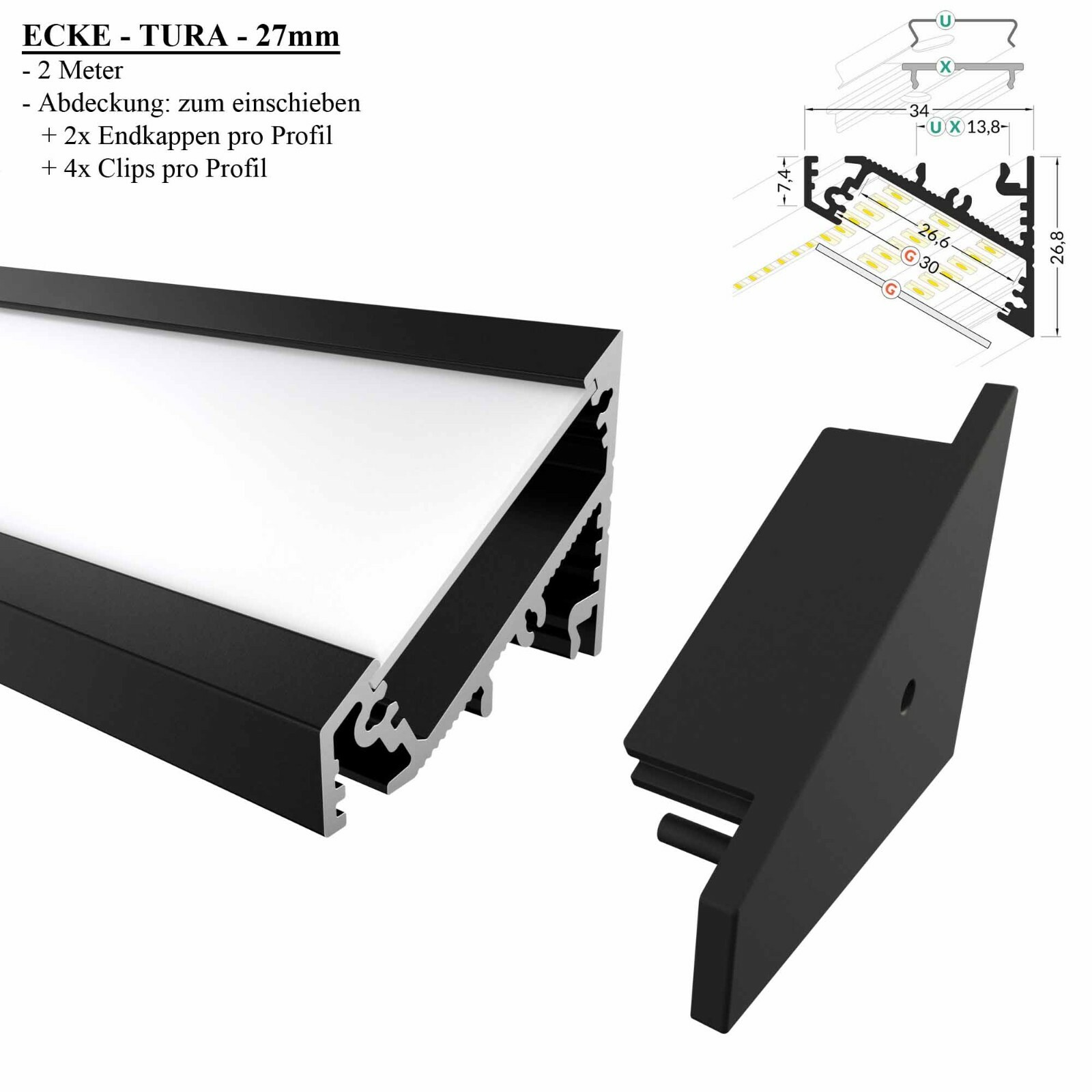 LED Aluprofil Schwarz Aluminium Profile 2m 1m Alu