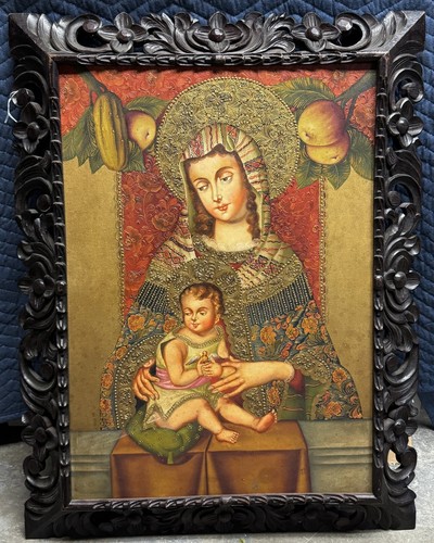 Spanish Colonial Cuzco Oil Painting Virgin Mary Christ Retablo Carved ...