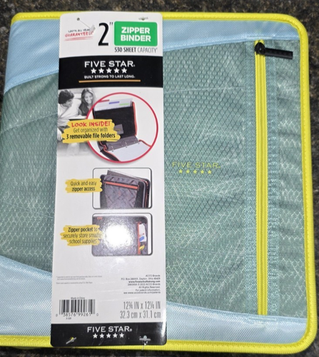 Five Star 2" Zipper Binder with 3 File Folders Aqua & Lime Green Zipper ...