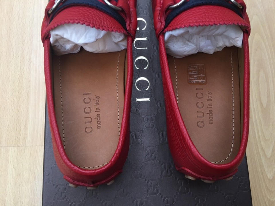 Gucci Loafers Shoes Red Leather Horsebit Blue Web Driver Mens UK 5 US 6 ...