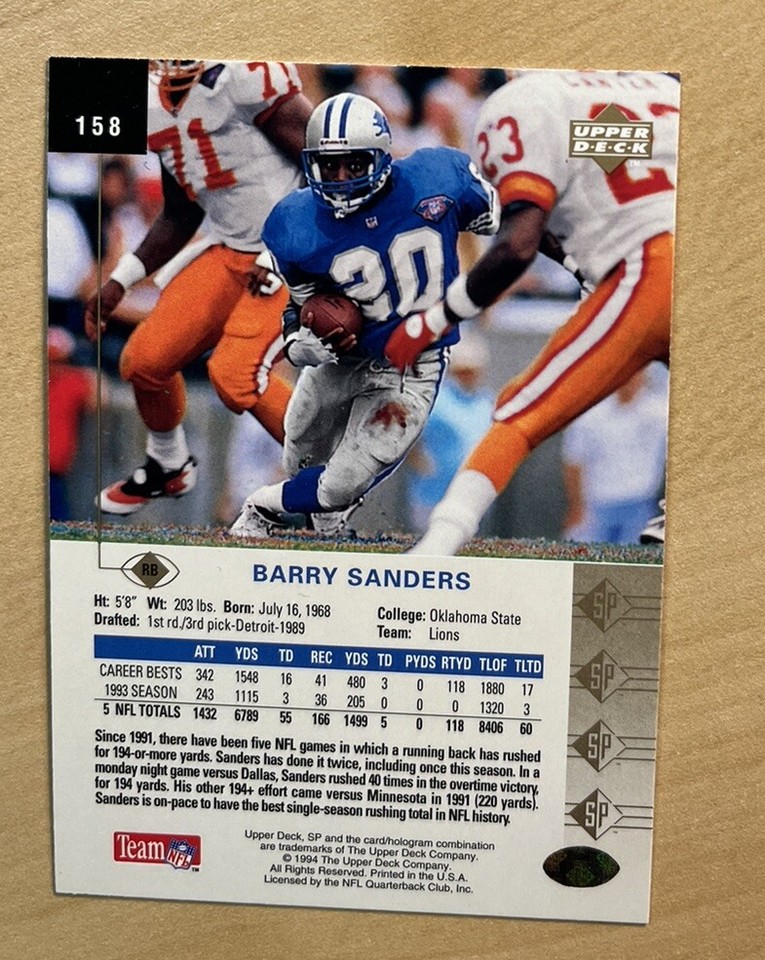 Barry Sanders 1994 Upper Deck SP Pro Bowl Card #158, MINT | eBay