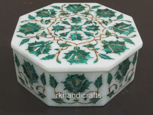 6x6 Inches Malachite Stone Inlay Work Trinket Box Marble Office ...