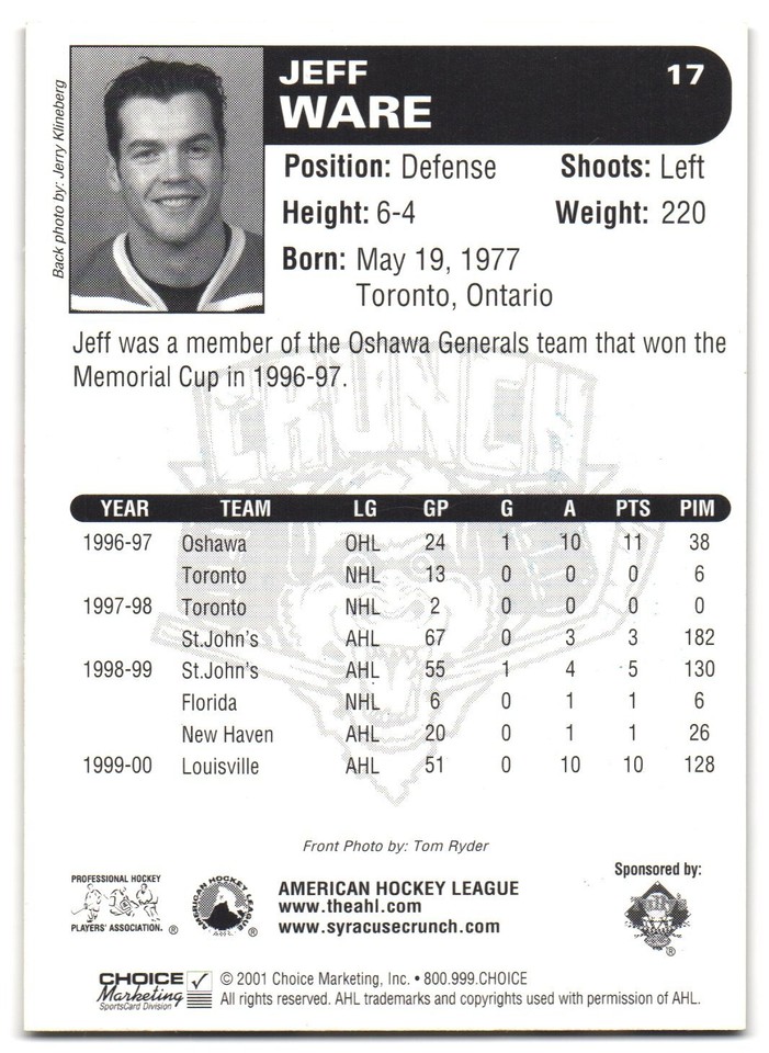 Jeff Ware Autographed 2000 Choice Syracuse Crunch AHL Card Syracuse ...