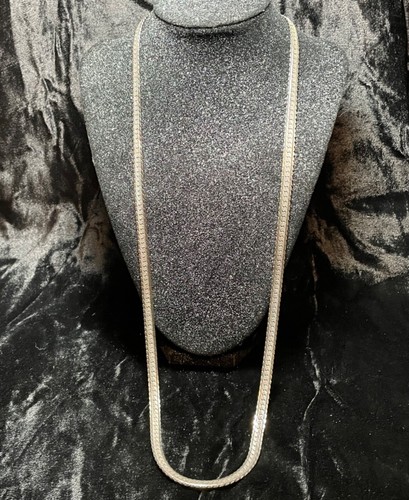 NECKLACE embossed long flat serpentine silvertone chain fold over clasp ...