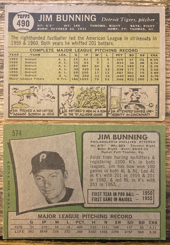 JIM BUNNING Topps LOT! 1961 #490 1971 #574 Detroit Tigers HOF! Phillies ...
