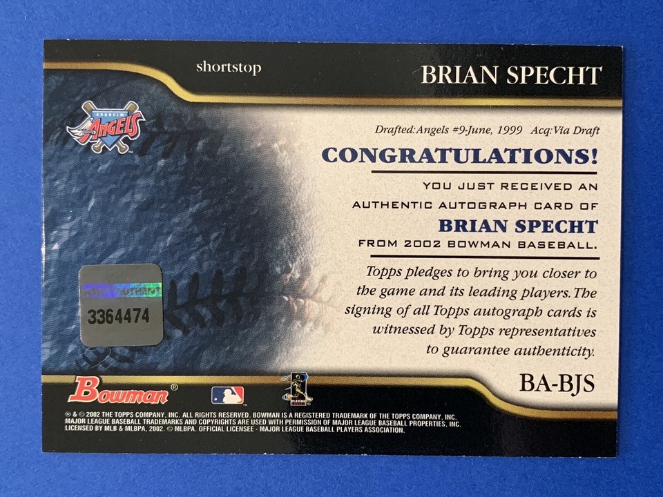 BRIAN SPECHT Signed 2002 Bowman #BA-BJS ANAHEIM ANGELS Autograph Auto ...