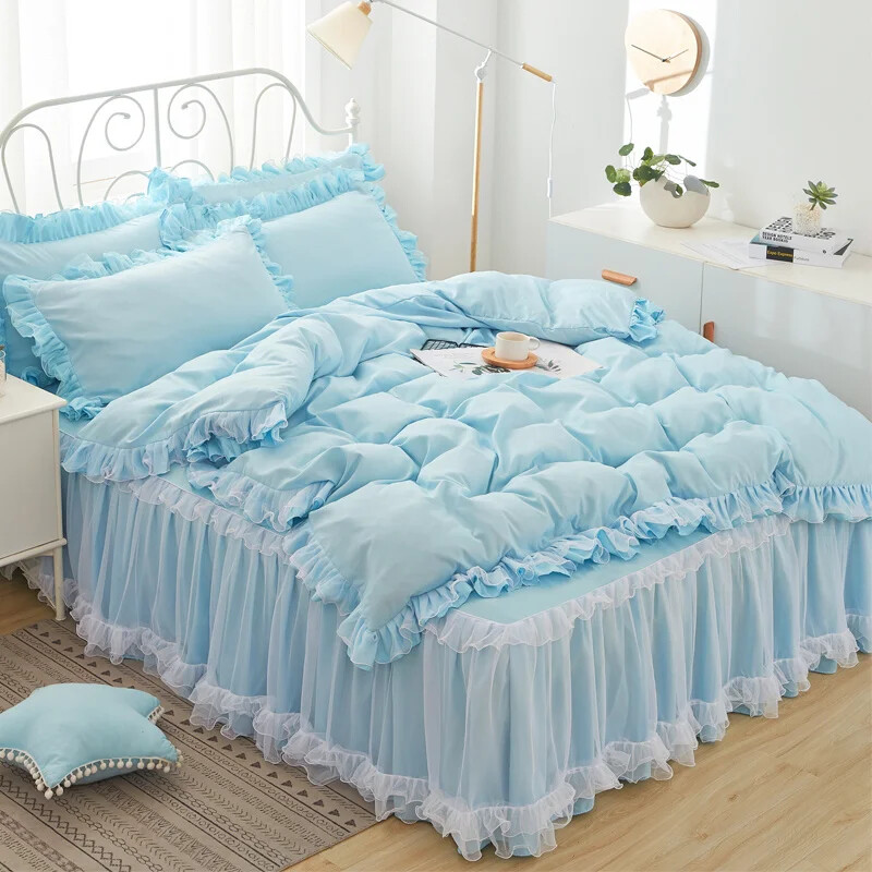 Princess Bedding Set Ruffled Duvet Cover Lace Bed Skirt Pillowcase ...