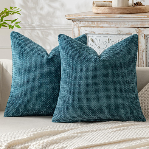 Pack of 2 Teal Decorative Pillow Covers 18X18 Inch Soft Chenille Couch ...