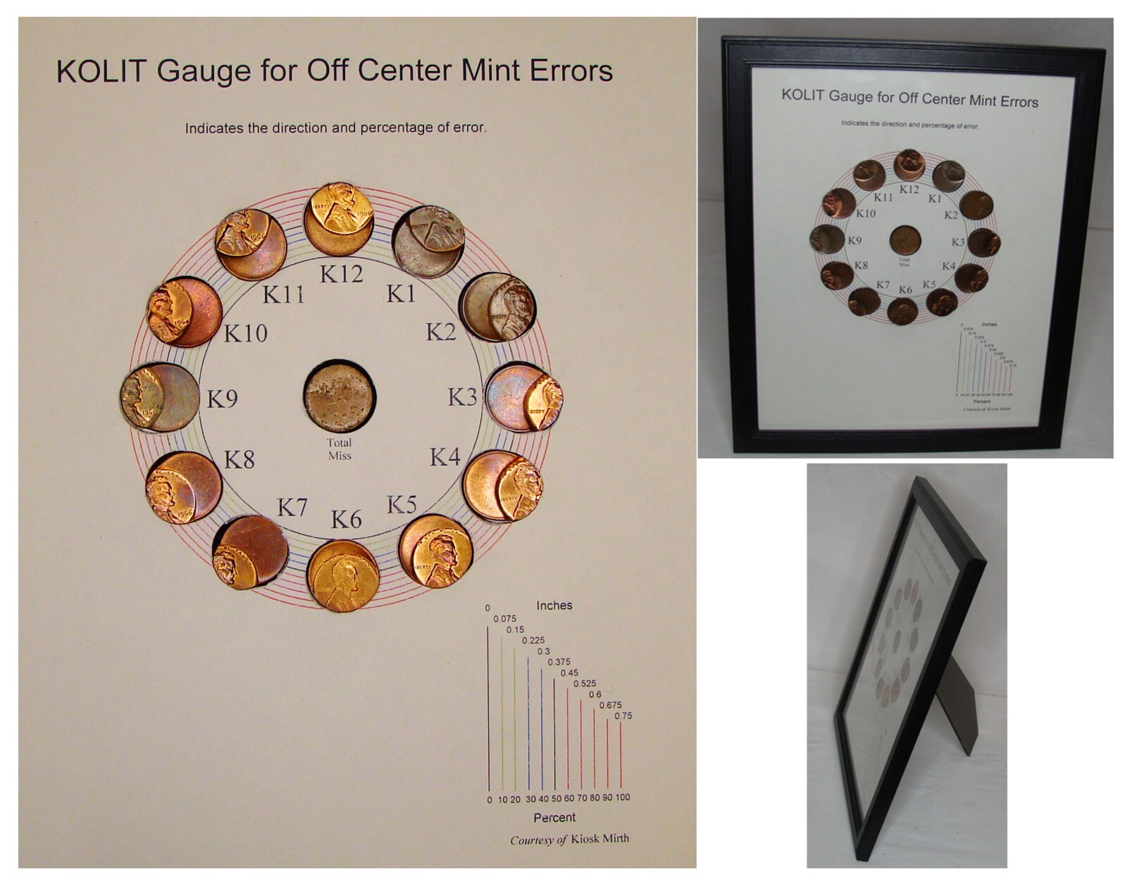 Kolit gauge of Off-center Struck Lincoln Cents, in display, (13 coins ...