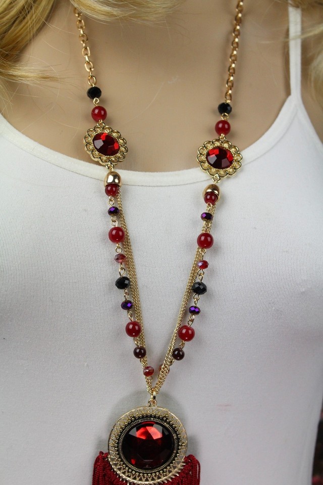 Long Fringe Necklace Set W Large Colored Rhinestones, Filigree & Yarn ...