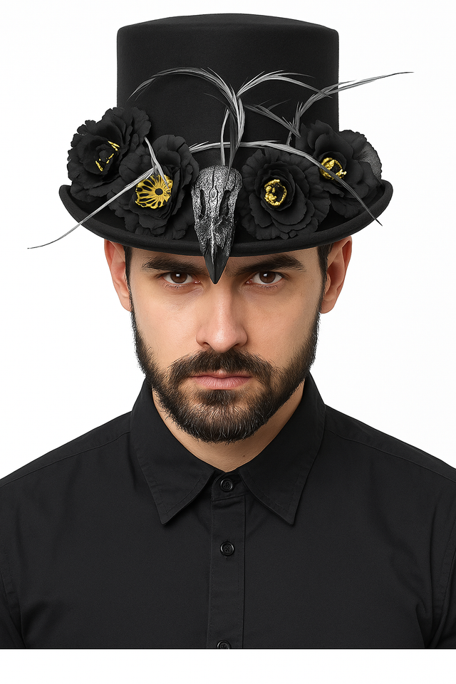 Adult Black Voodoo Top Hat Crow Raven Skull Bones Feather Witch Doctor ...