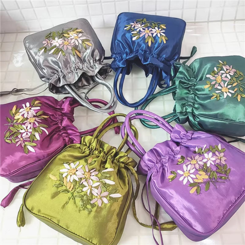 Women Girls Ethnic Floral Embroidered Handbag Drawstring Shiny Retro ...