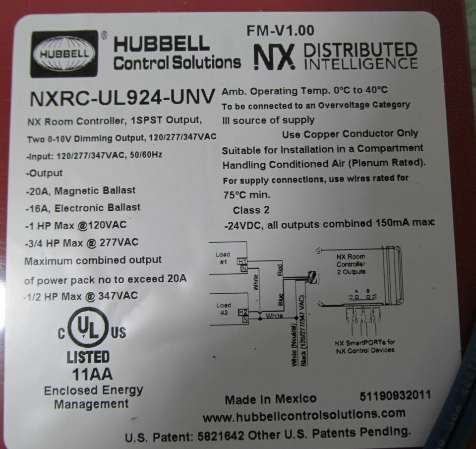 NEW HUBBELL NXRC-UL924-UNV EMERGENCY LIGHTING LOAD CONTROLLER 1-ZONE NX ...