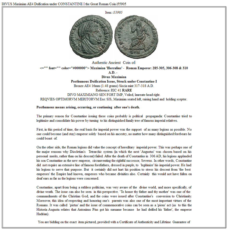 DIVUS Maximian AE4 Deification under CONSTANTINE I the Great Roman Coin ...