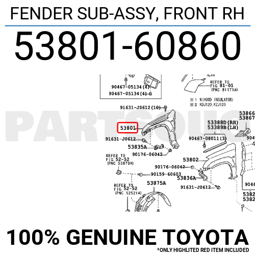 5380160860 Genuine Toyota FENDER SUB-ASSY, FRONT RH 53801-60860 | eBay