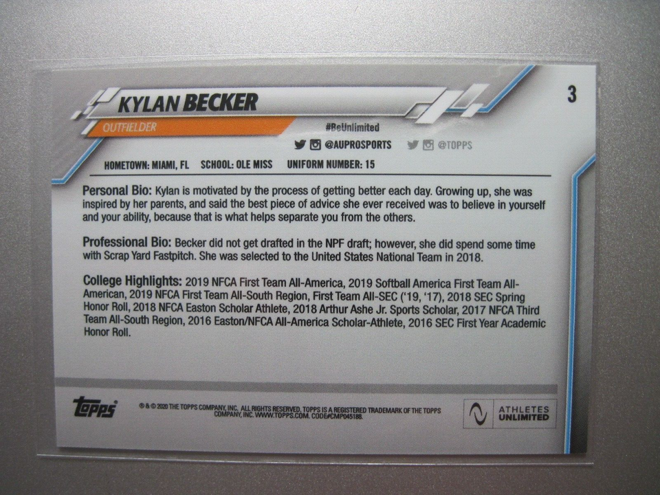 2020 Topps Athletes Unlimited Softball On Demand Set 18 Kylan Becker #3 ...