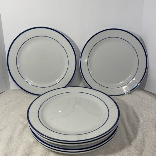 Set of 6 Oneida Maitre d’ Dinner Plates 11” White Blue Strip Porcelain ...