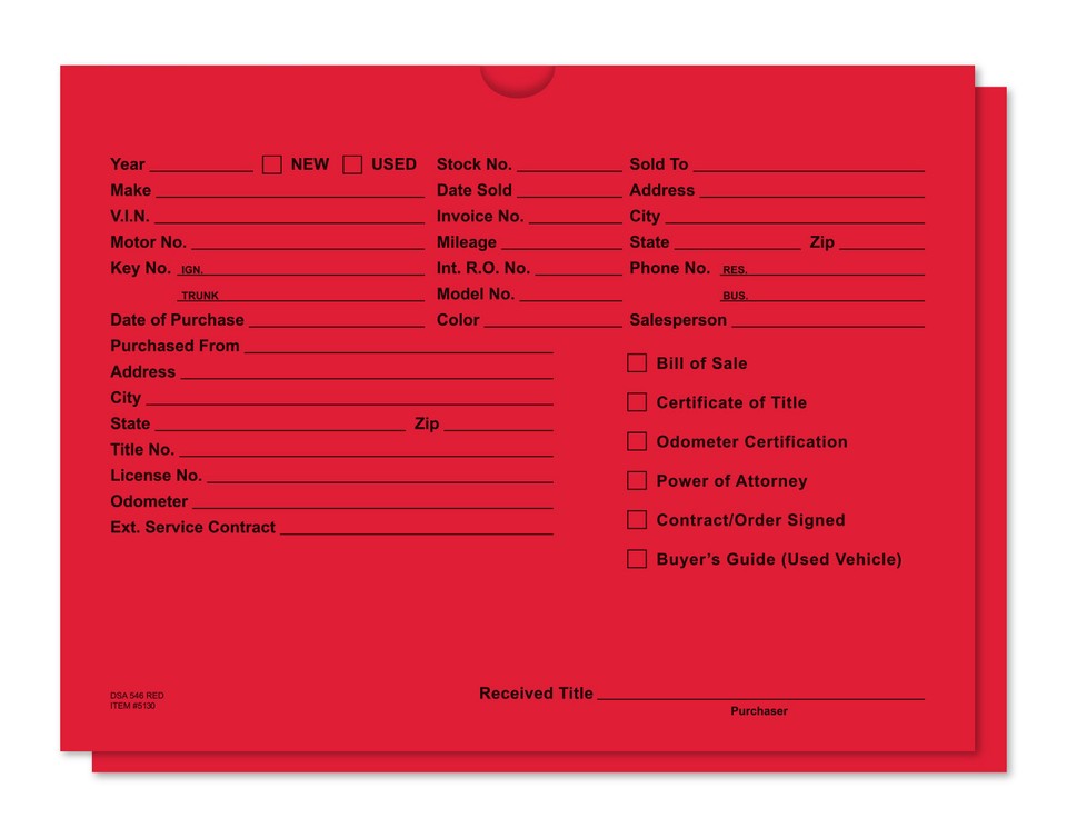 PRINTED 9 X 12 VEHICLE DEAL JACKETS CAR DEALER ENVELOPES 100 OR 500 PER ...