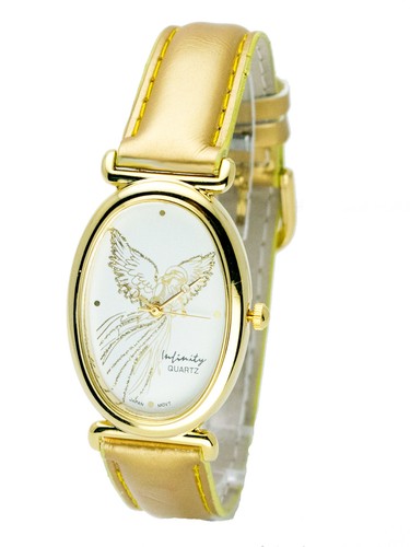INFINITY:WOMENS' GOLD FINISH LEATHER BAND ANGLE OVAL DIAL ANALOG QUARTZ ...