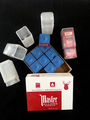 Combo - (12) Pack Blue Master Chalk & (4) Empty Chalk Holder Cases Pool ...