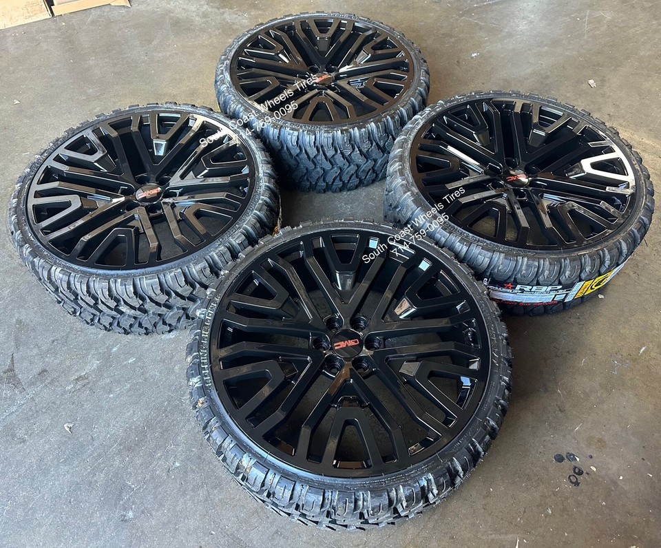 26” NEW 2024 SIERRA YUKON BLACK MESH WHEELS TAHOE SILVERADO 33” MT Mud ...