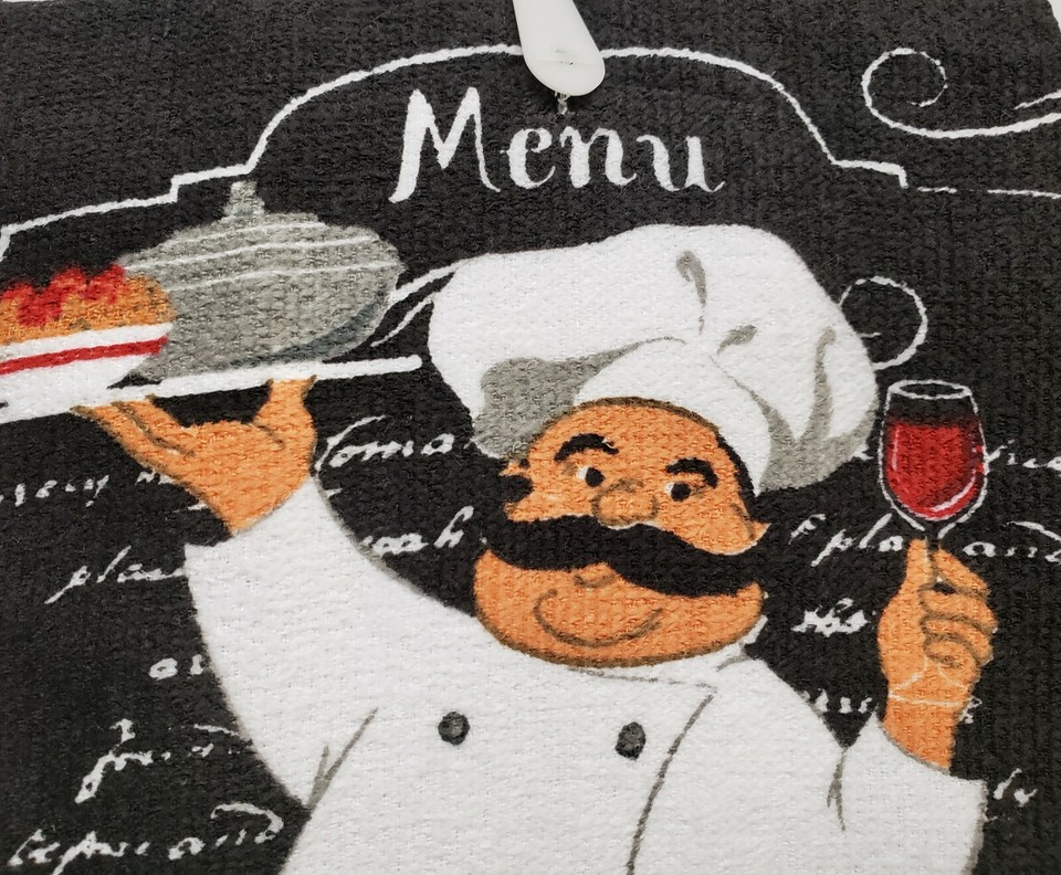 Set of 2 Kitchen Printed Towels(15"x25")FAT CHEF W/TRAY & WINE GLASS ON ...