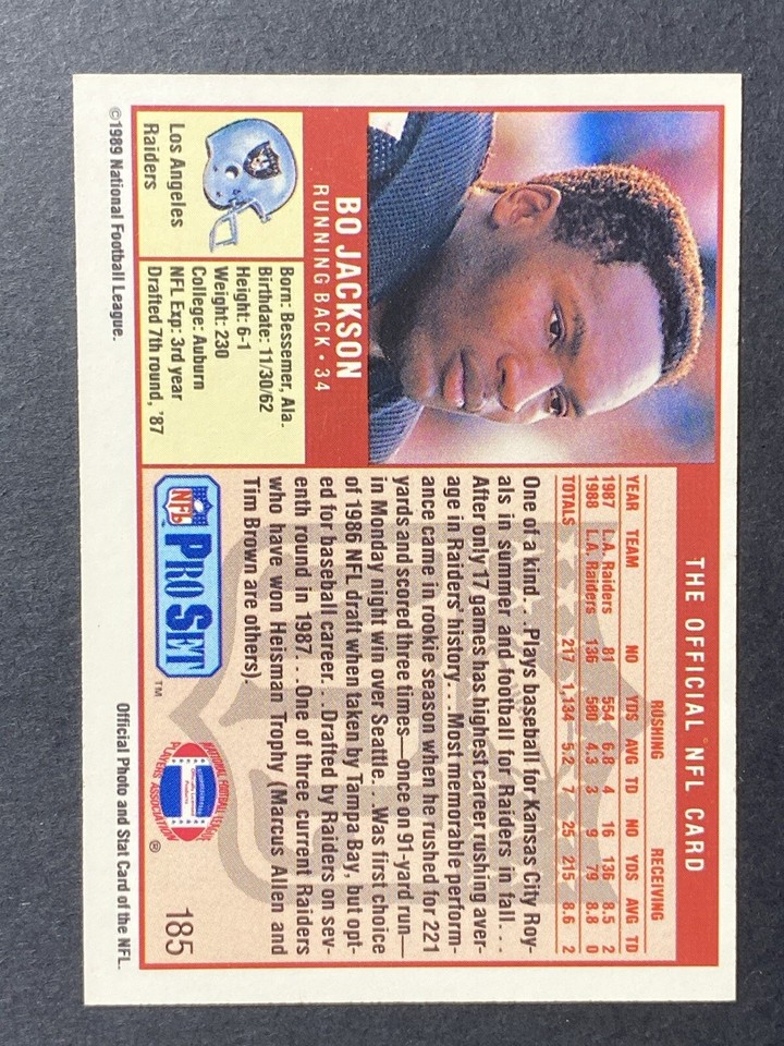 1989 Pro Set - #185 Bo Jackson EX-MT f1 | eBay
