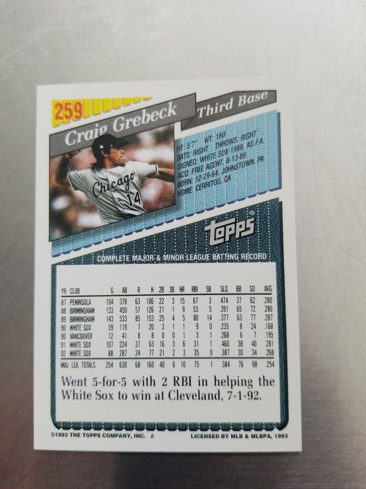 1993 TOPPS GOLD BASEBALL CARD CRAIG GREBECK #259 3 | eBay