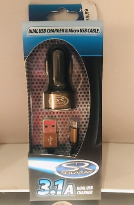 Solaray 3.1A Dual USB Car Charger Black Gold Model with Micro USB Cable ...
